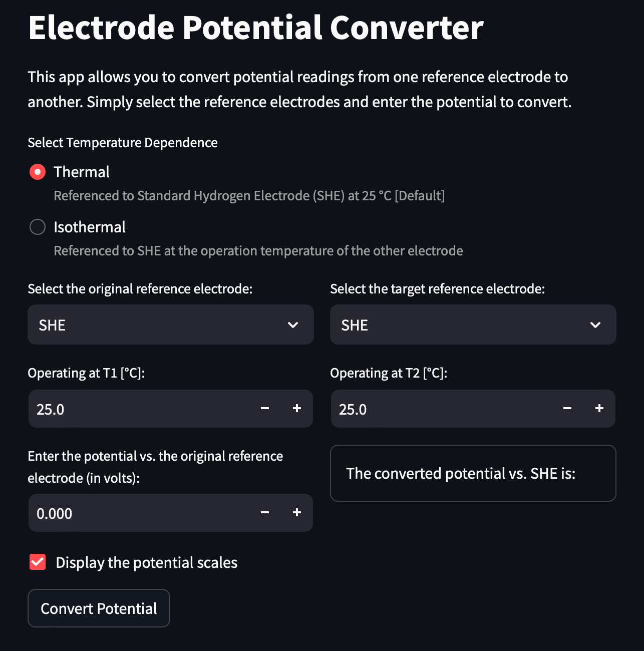 Reference electrode converter webapp | Gang Li, Ph.D., P.Eng.
